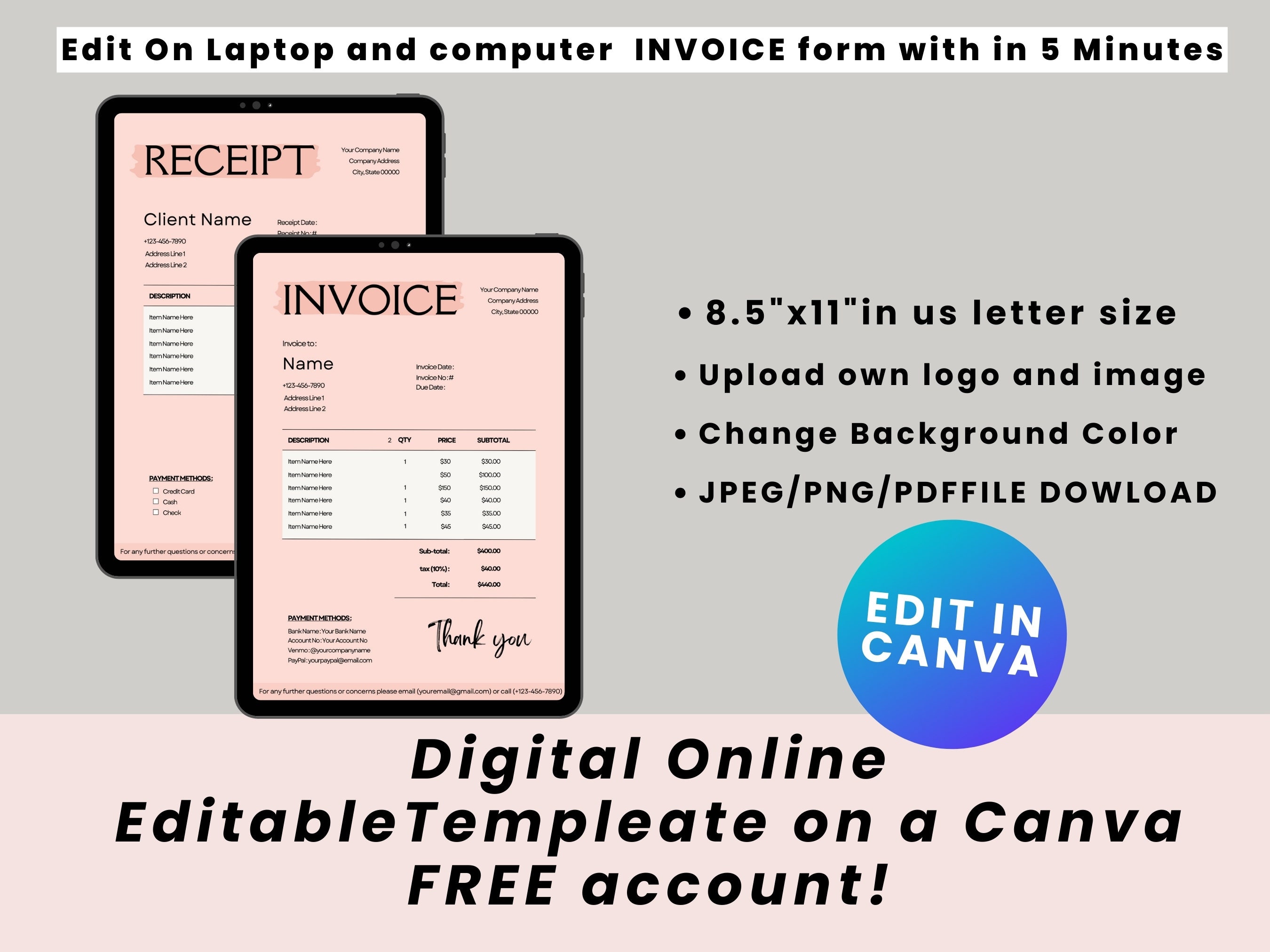 Customizable Invoice and Receipt Template Bundle Canva - Etsy