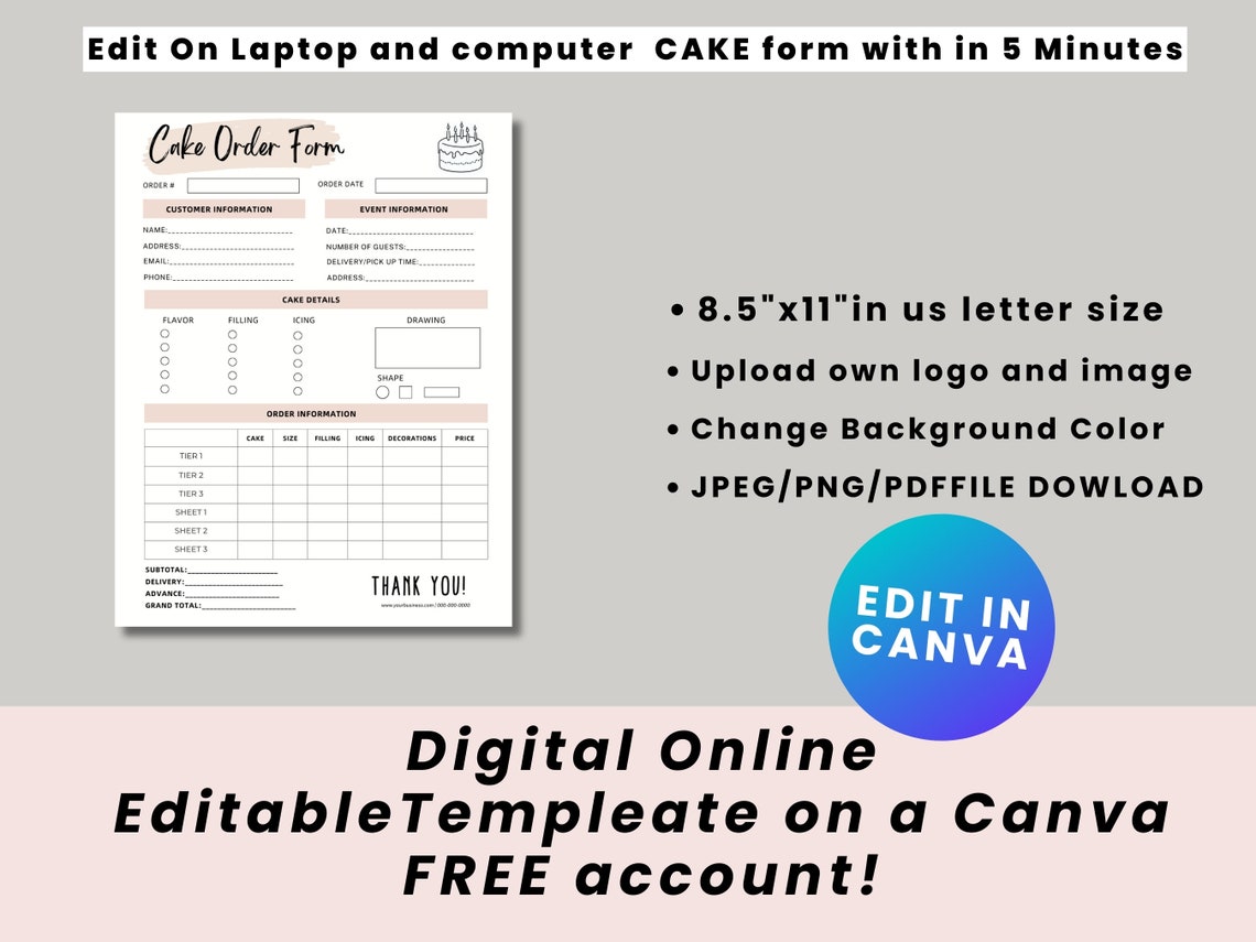 Editable Cake Order Form Printable Bakery Order Form Small - Etsy