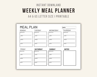 Printable Weekly Meal Planner Landscape, Food Diary, Meal Tracker, Food ...