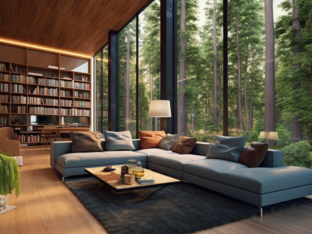 Couch and Bookshelf With Forest Virtual Background Zoom Background ...