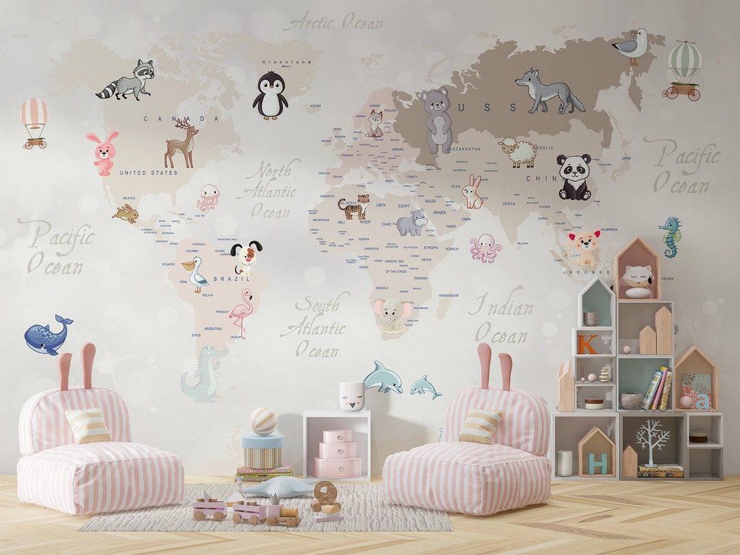 Baby Animals on World Map Wallpaper, Kids and Playroom Wall Decoration ...