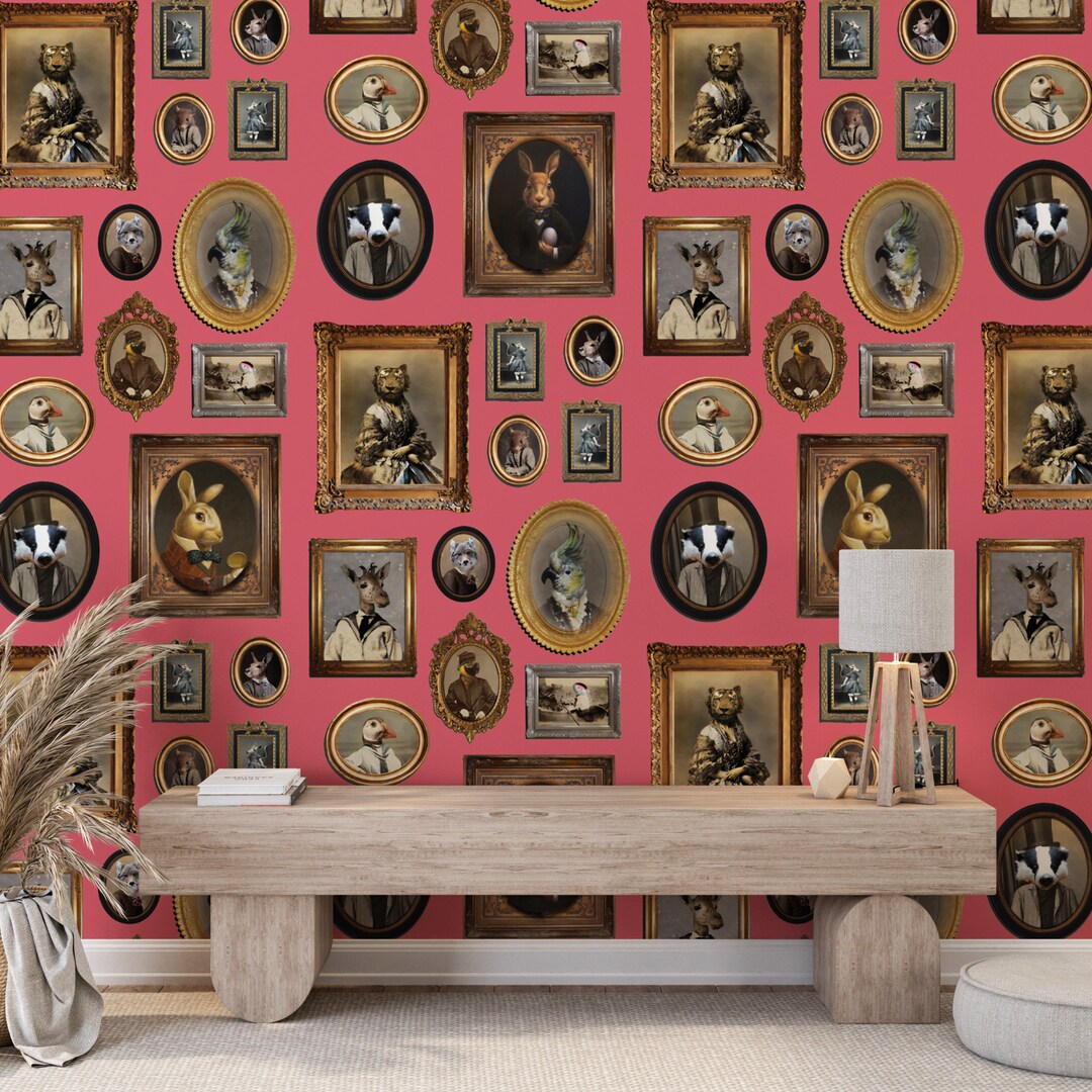 Framed Animal Photos Wallpaper on Pink Background, Vintage Wall ...