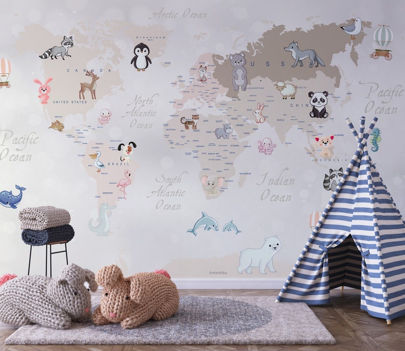 Baby Animals on World Map Wallpaper, Kids and Playroom Wall Decoration ...