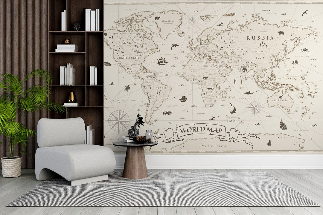 World Map and Compass Wallpaper, Regions Map Wall Mural - Etsy