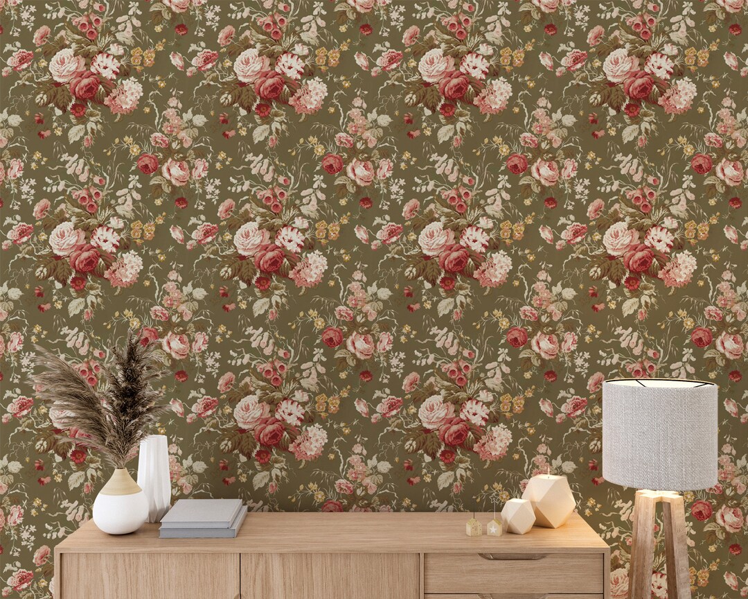 Rose Bouquets Wallpaper on Green Background, Vintage Flowers Wall ...