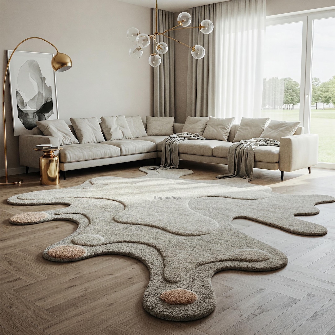 Soft Grey Irregular Shape Hand Tufted Abstract Wool Area Rug for Kids ...