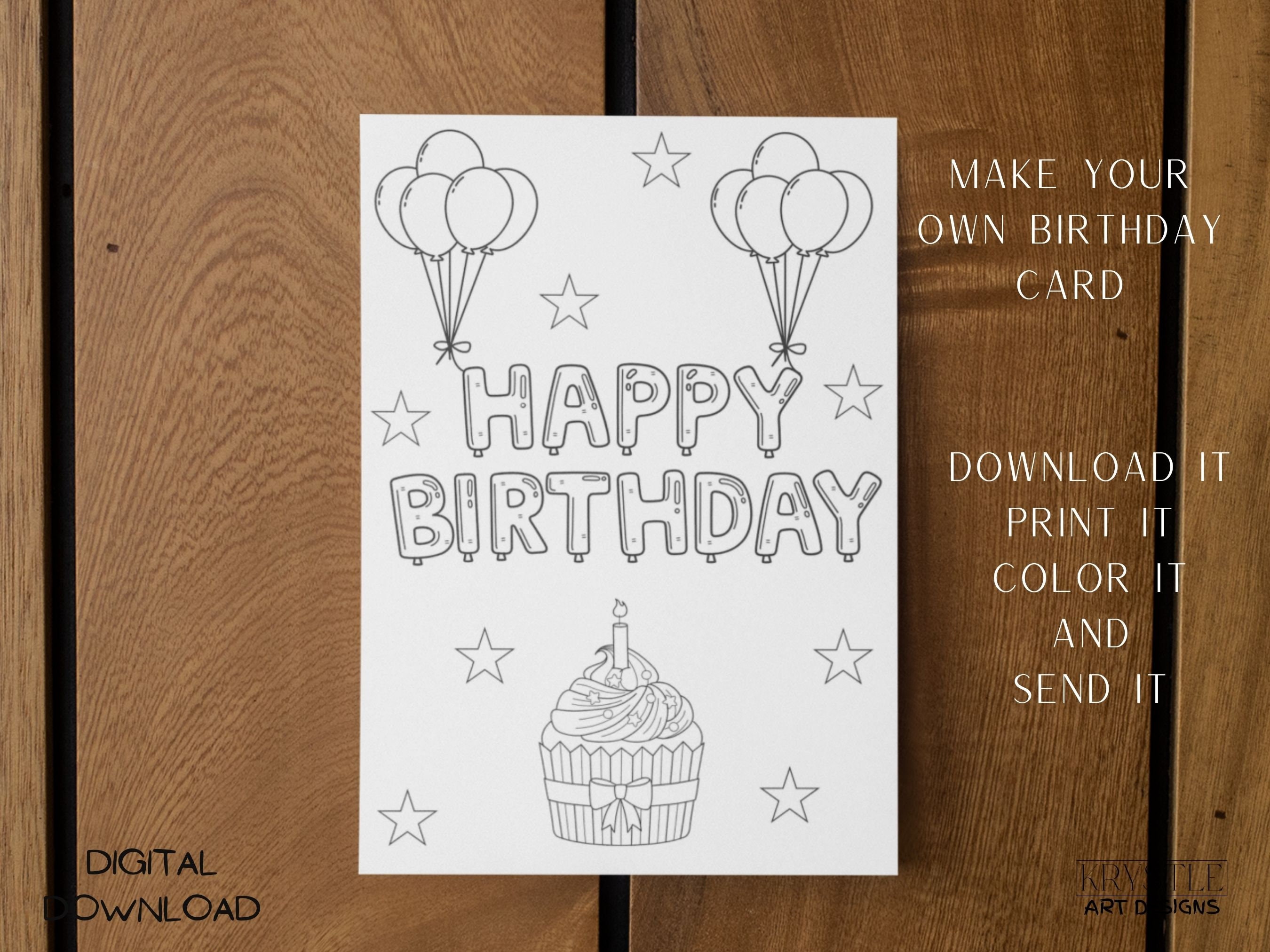Colorable Birthday Card Printable Coloring Card Print & Color Card 5x7 ...