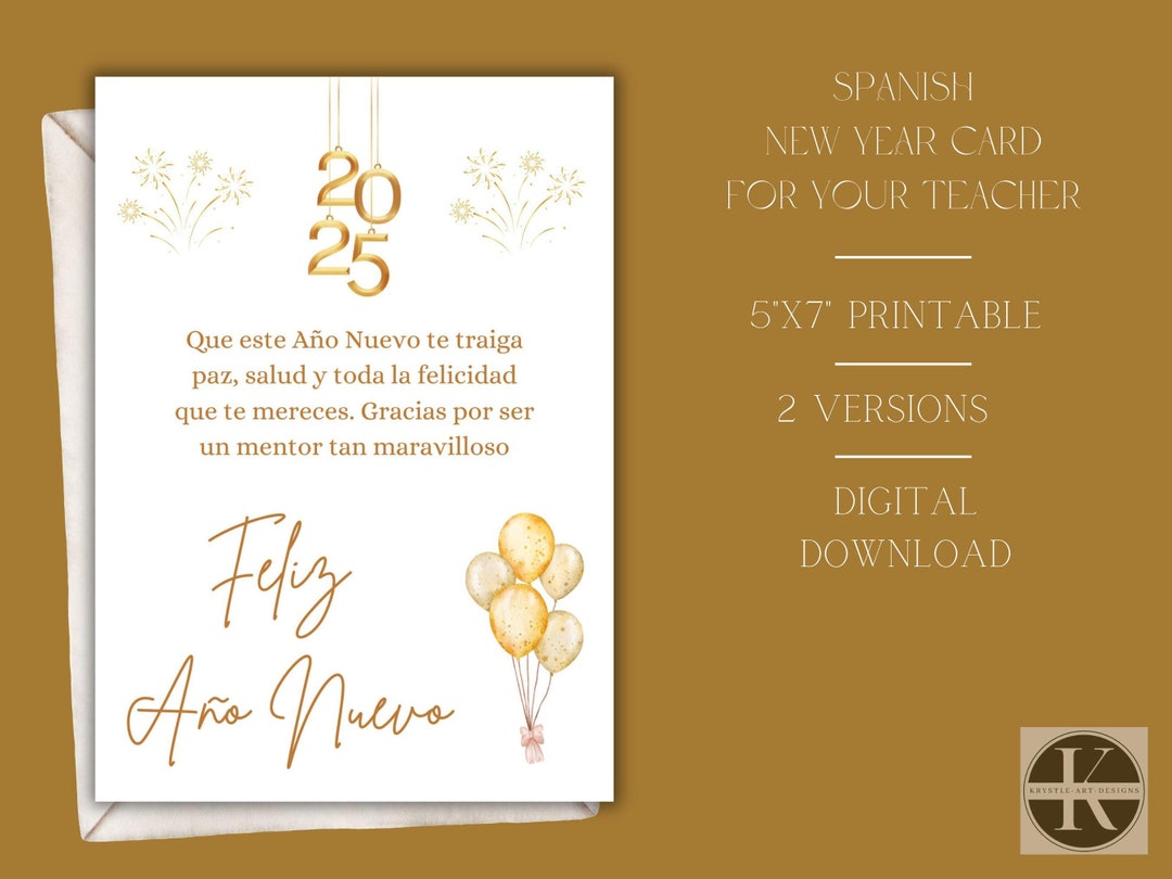 Feliz Ano Nuevo Printable Card for Teacher Happy New Year 2025 Card ...