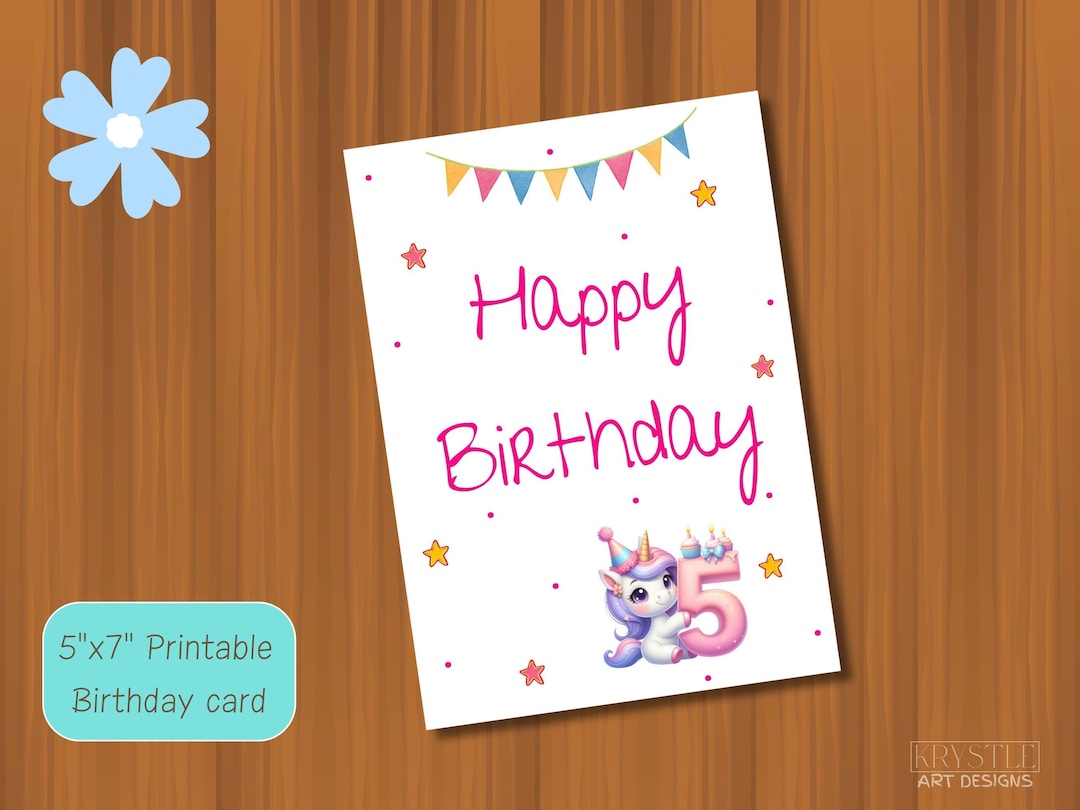 Unicorn Birthday Card Printable | Happy 5th Birthday Card | Digital ...