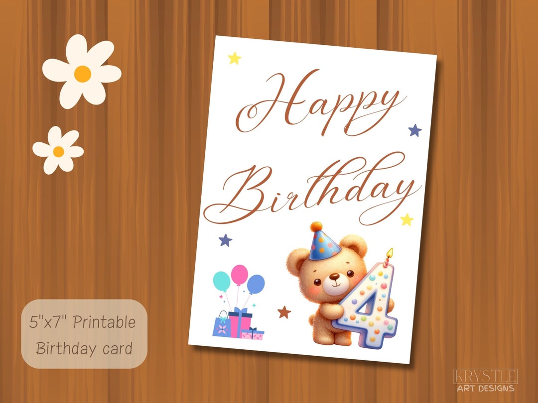 Printable 4th Birthday Card | Happy Fourth Birthday| 4th Birthday ...