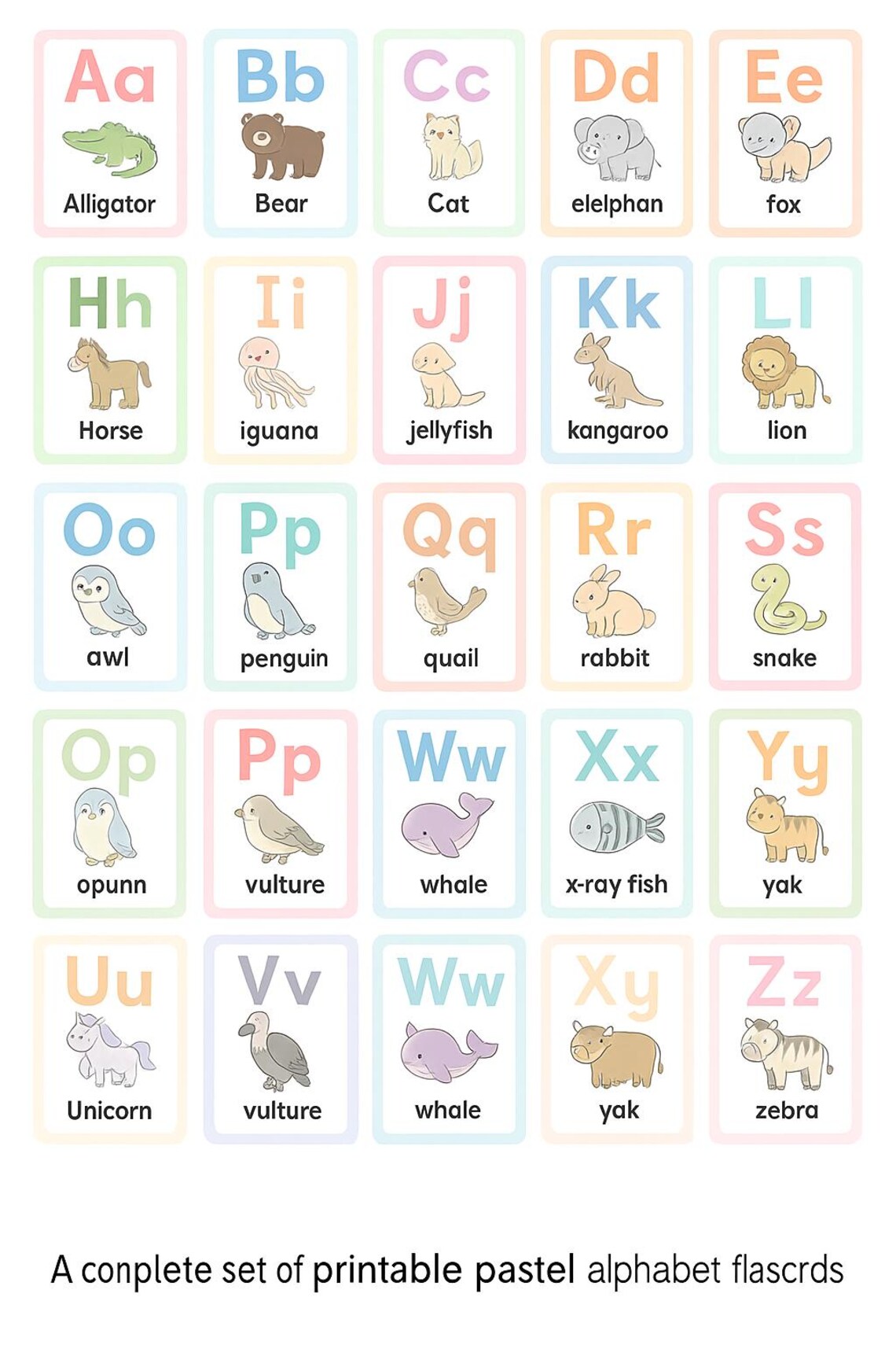Printable Pastel Cartoon Animal Alphabet Flashcards | Uppercase ...
