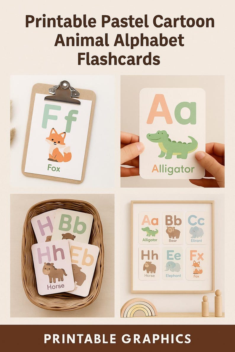 Printable Pastel Cartoon Animal Alphabet Flashcards | Uppercase ...
