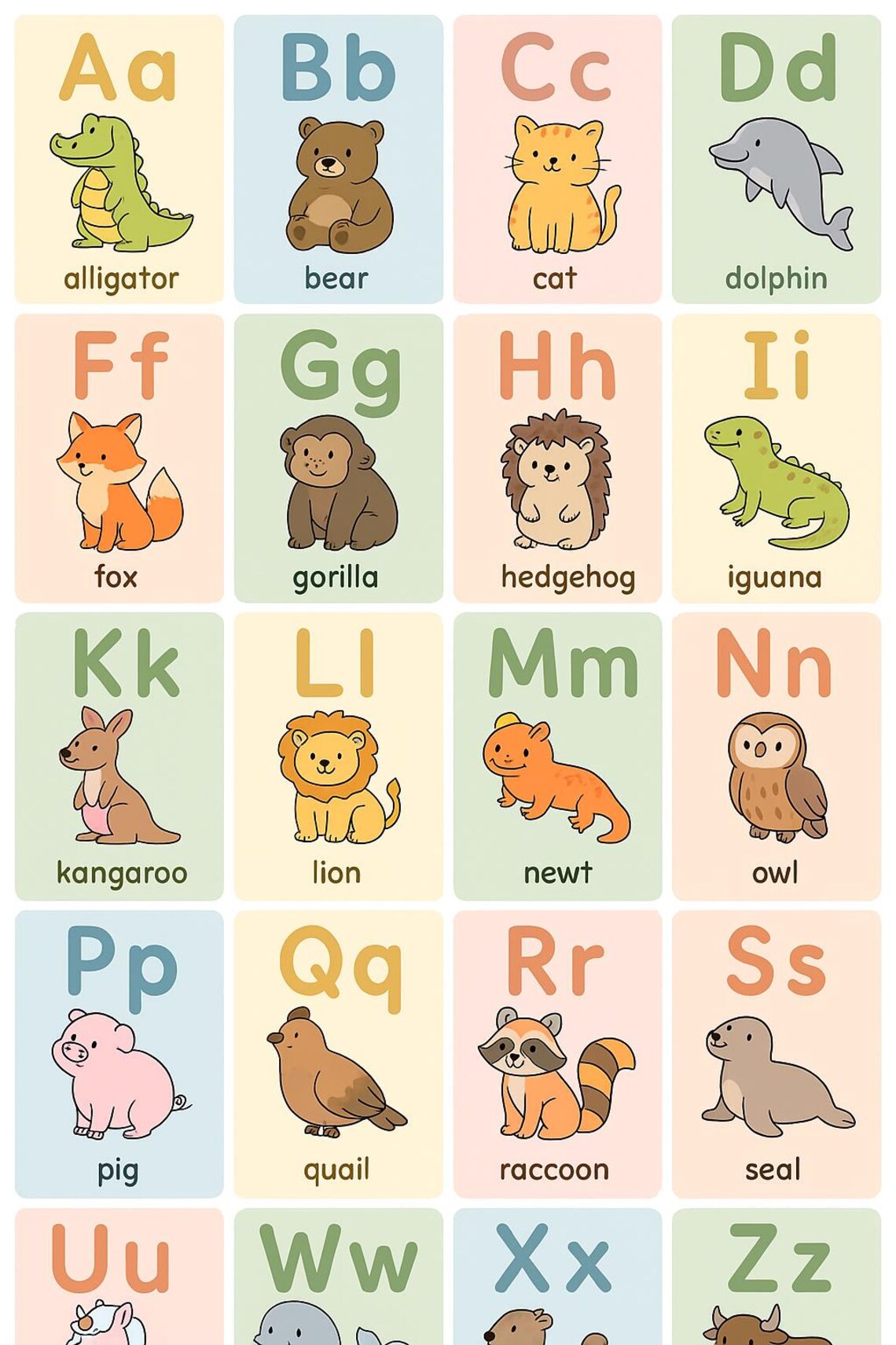 Printable Pastel Cartoon Animal Alphabet Flashcards | Uppercase ...