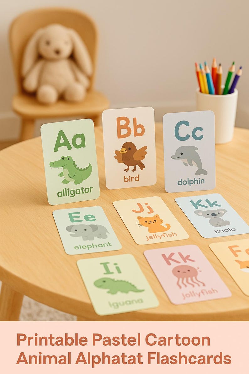 Printable Pastel Cartoon Animal Alphabet Flashcards | Uppercase ...
