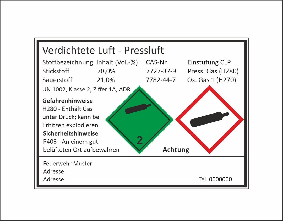 Gefahrgut Aufkleber Druckluft Atemluft UN 1002 individuelle Wunschadresse / Logo - Etsy.de