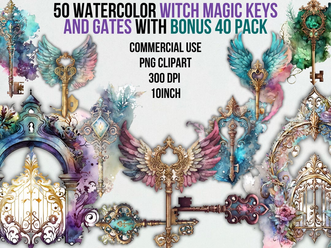 Watercolor Witch Bundle, Magical Keys Clipart Fantasy Clipart Bundle ...
