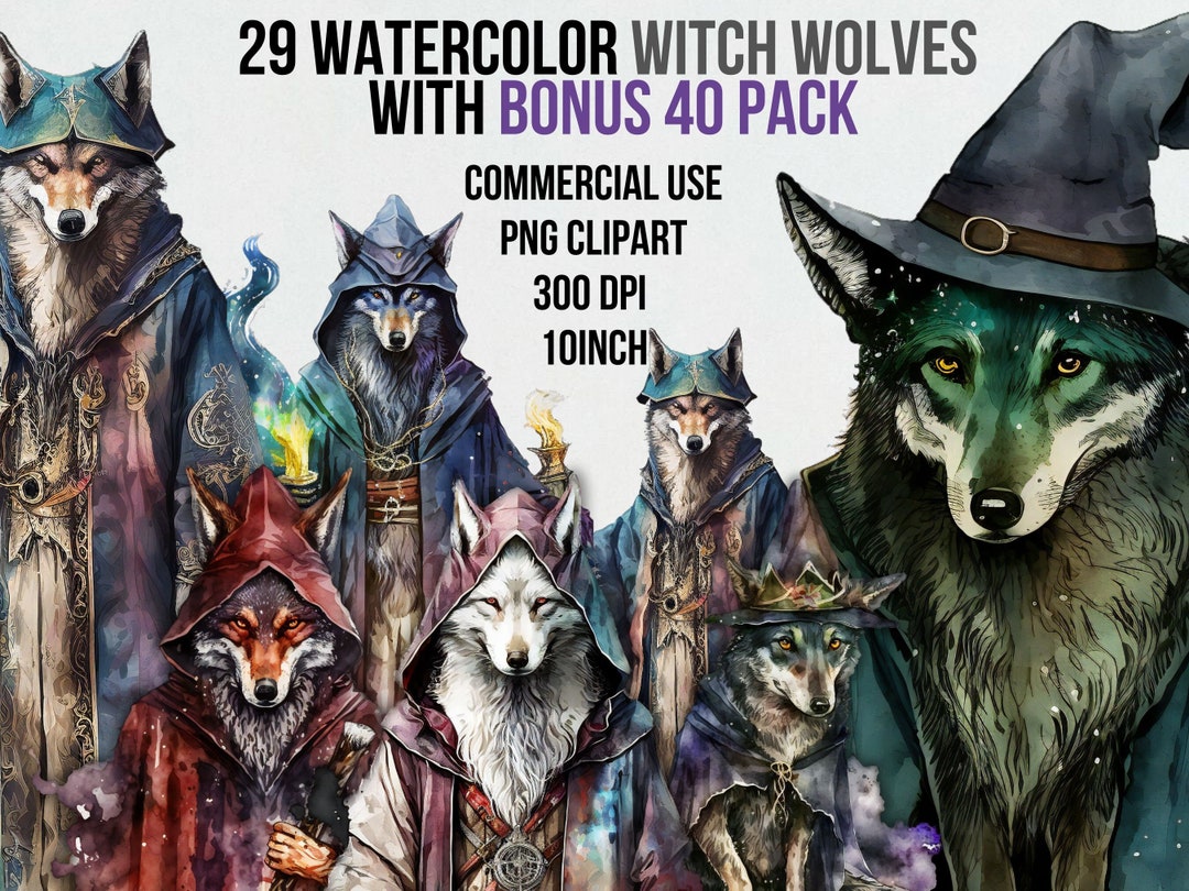 Watercolor Witch Wolves, Magic Wolves Clipart, Wizard Clipart, Witch ...