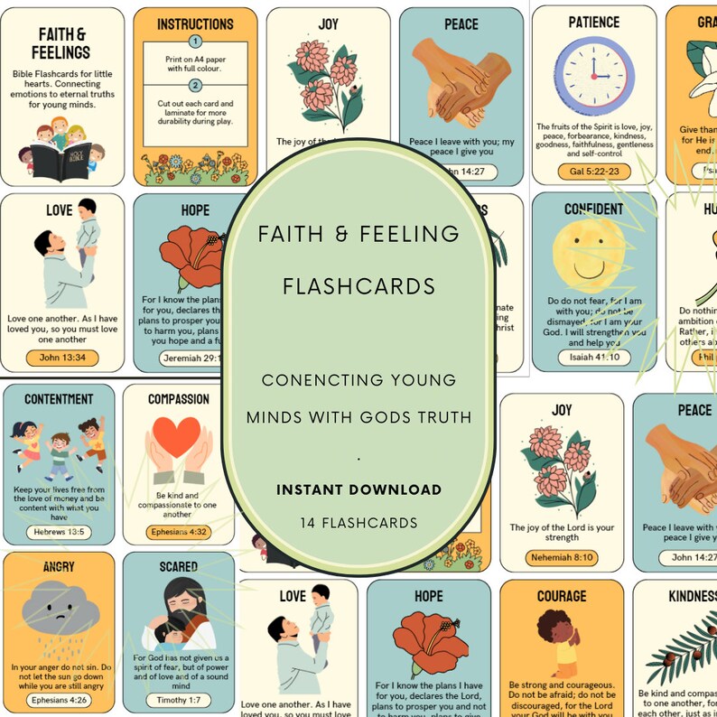 Bible Flashcards, Faith & Feelings, INSTANT DOWNLOAD, 14 Feeling and ...