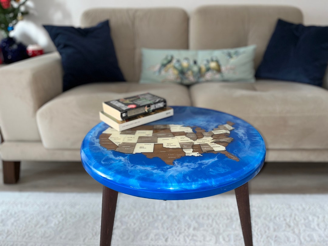 20 Epoxy Round End Table With USA Map Rustic Country Map Resin Coffee ...