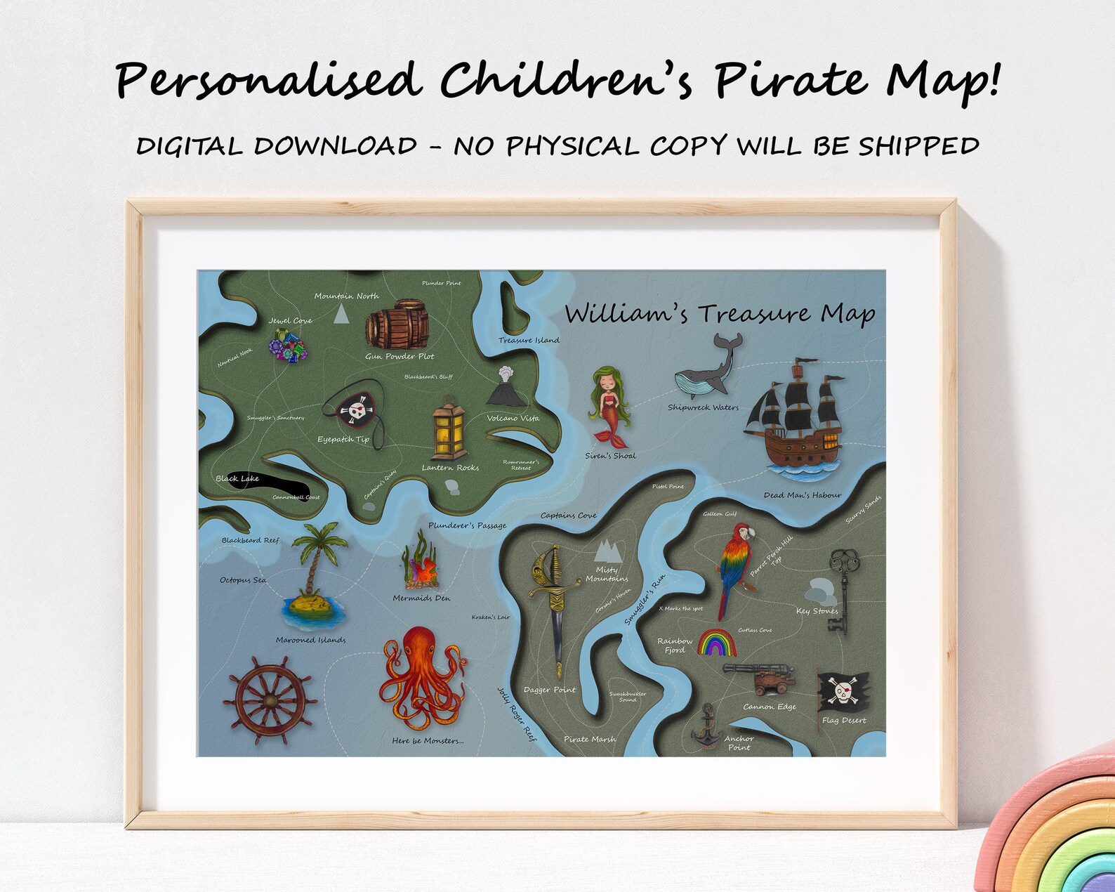 Children's Customizable Pirate Map Personalised Name and Landmarks ...