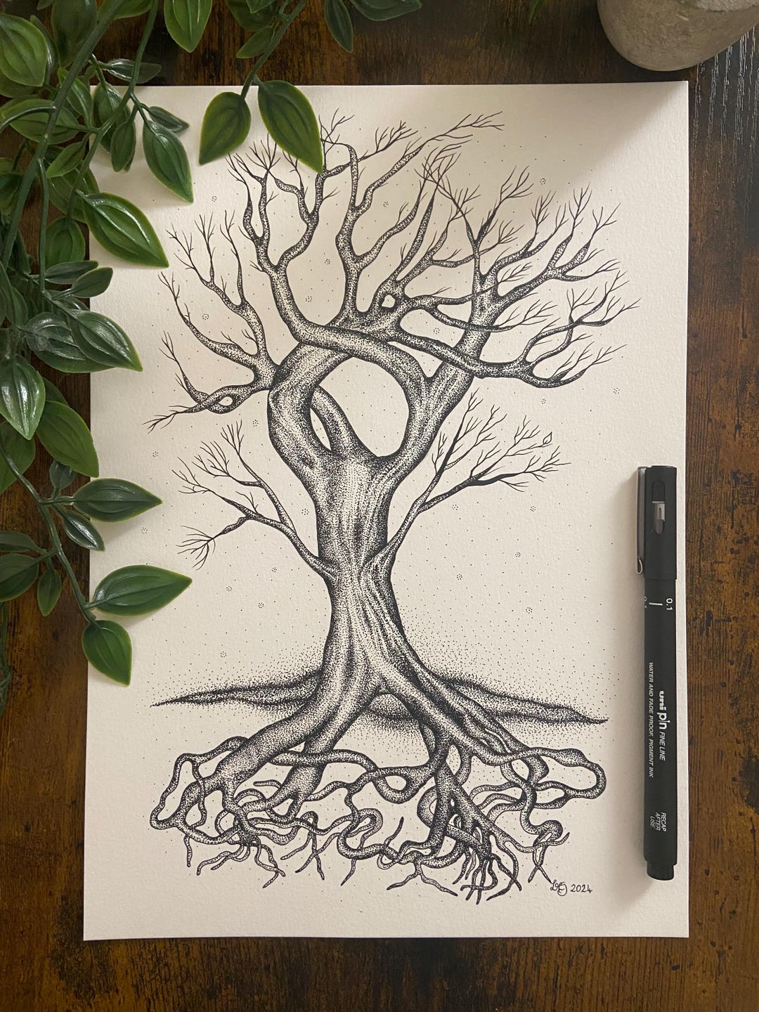 Surreal Tree Original Drawing - Ink Art - Pointillism Original Artwork ...