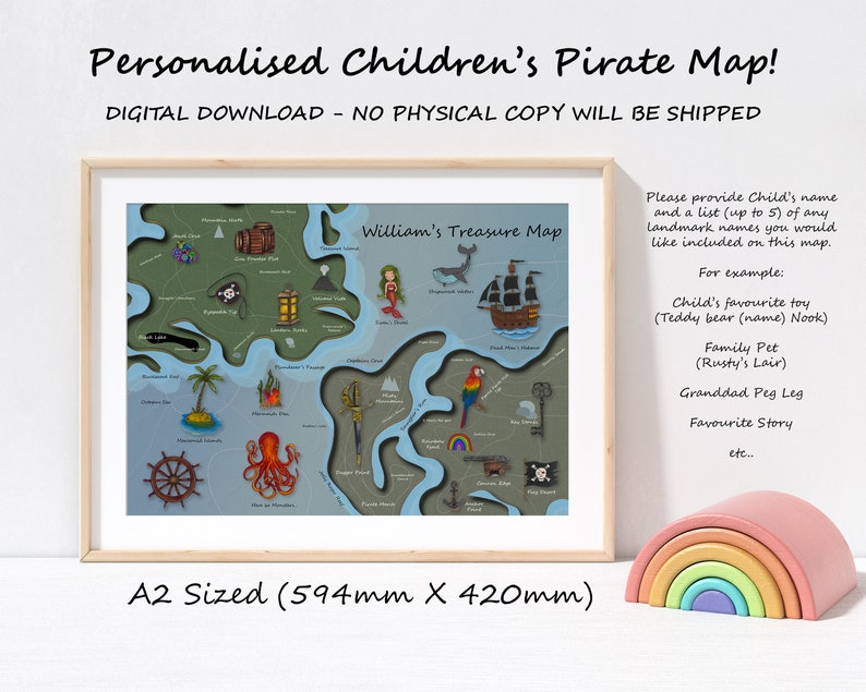 Children's Customizable Pirate Map Personalised Name and Landmarks ...