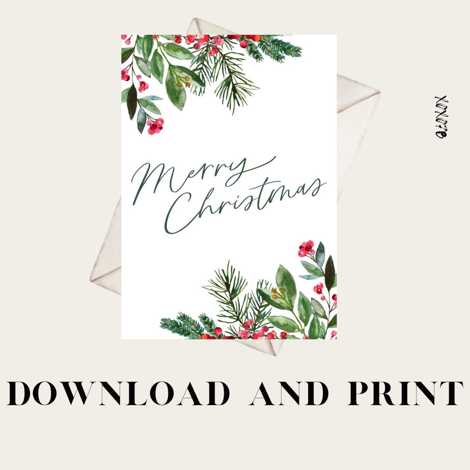 Merry Christmas Card , Green Printable Christmas Card , Printable ...