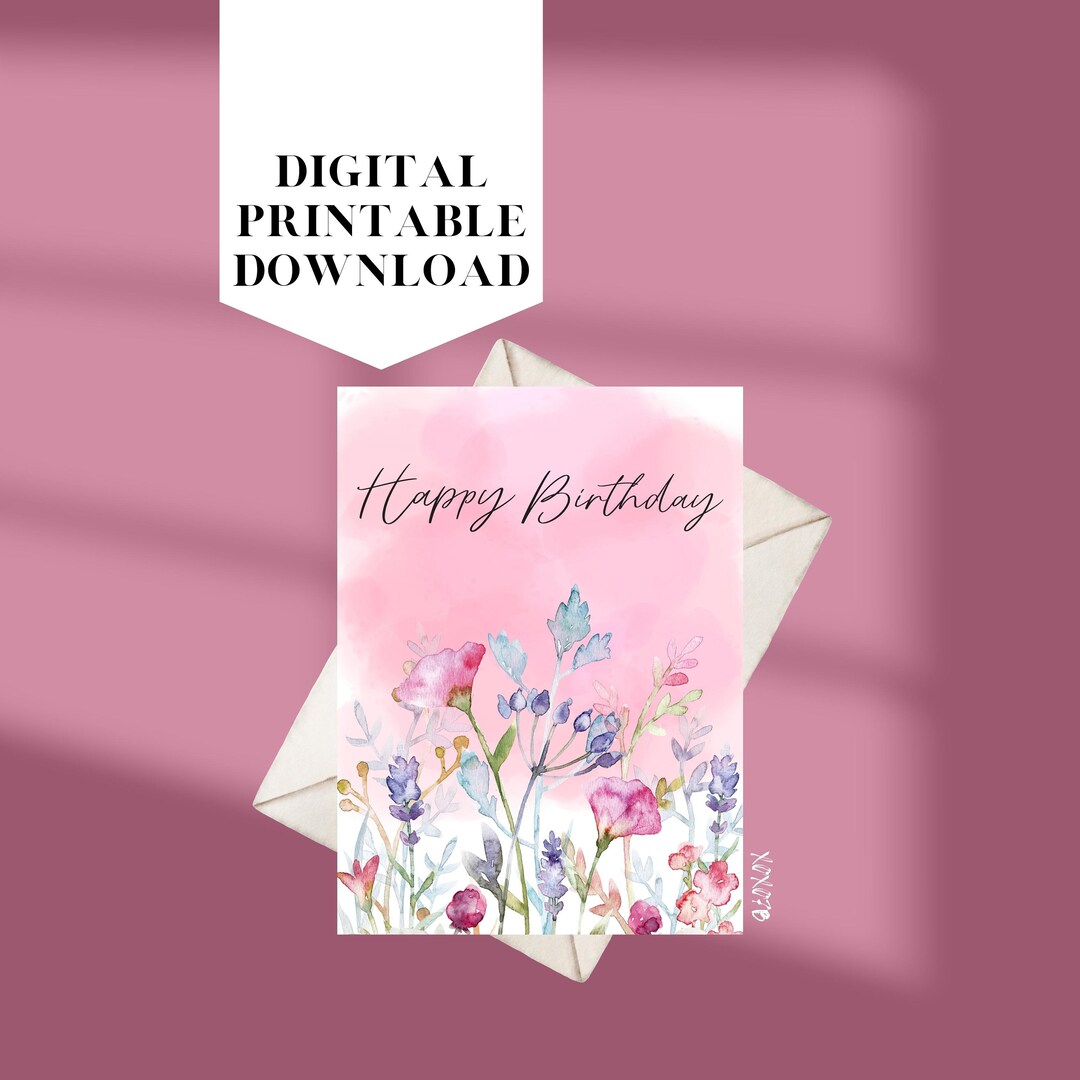 Birthday Card, Pink Flower Birthday Card , Printable Greeting Card ...