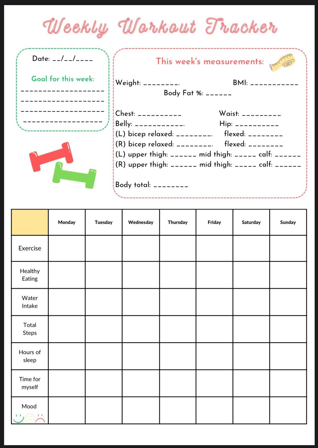 Fitness Tracker With Tracking Graphs - Etsy