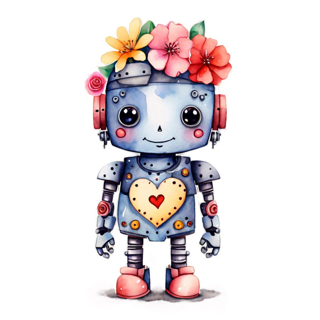 32 PNG Watercolour Robot With Flowers Clipart, Robot Clipart, Floral ...