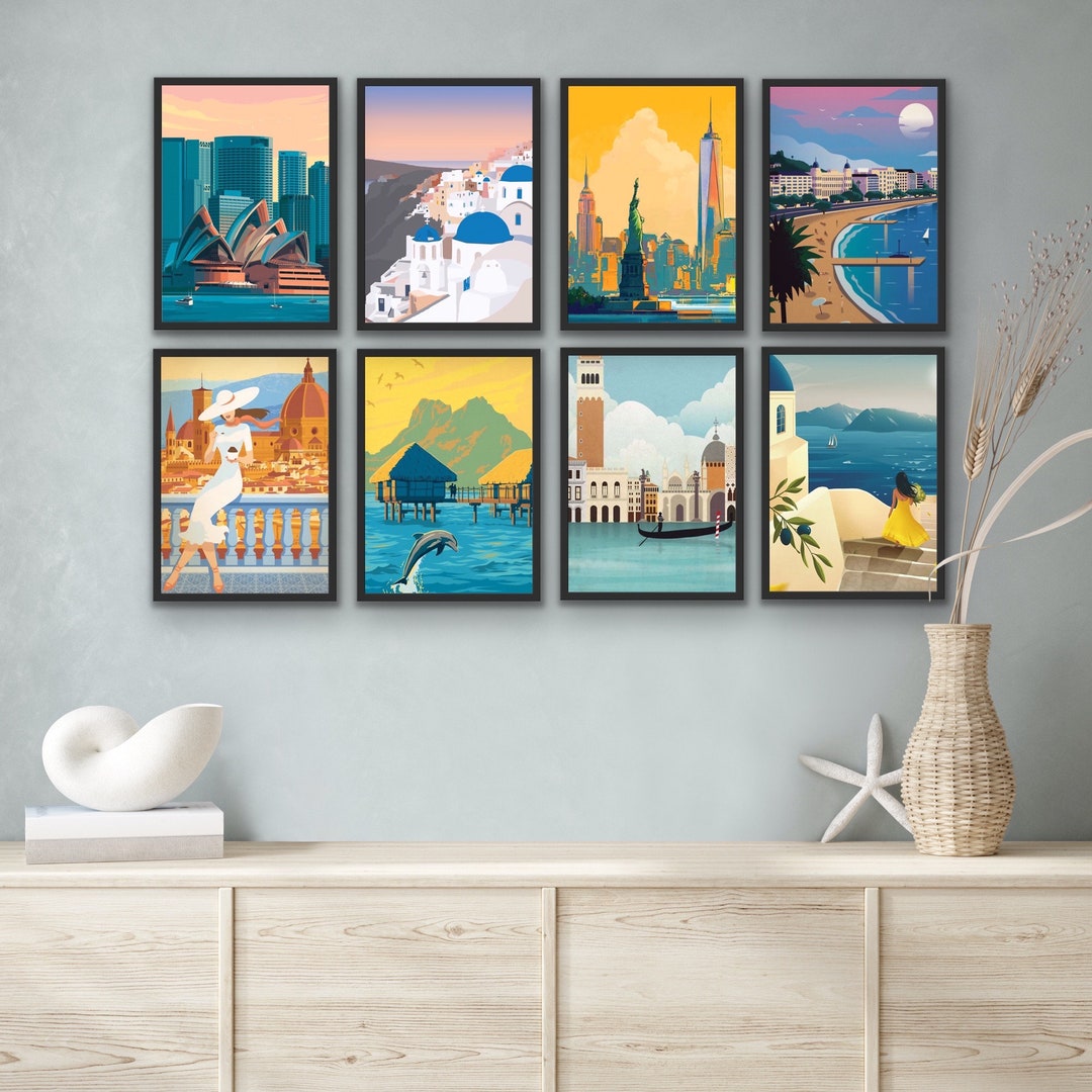 Vibrant World Landmarks Collection, Set of 8 Abstract Art Prints ...