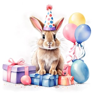 27 PNG Watercolour Cute Rabbit Bunny Birthday Celebration Balloon ...