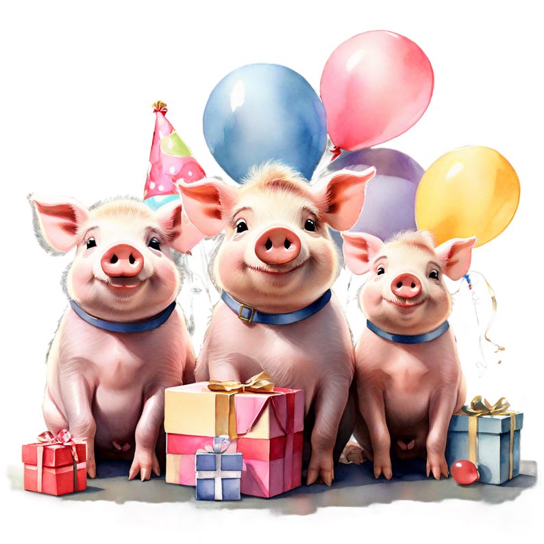 33 PNG Watercolour Cute Fun Pig Birthday Celebration Balloons Presents ...