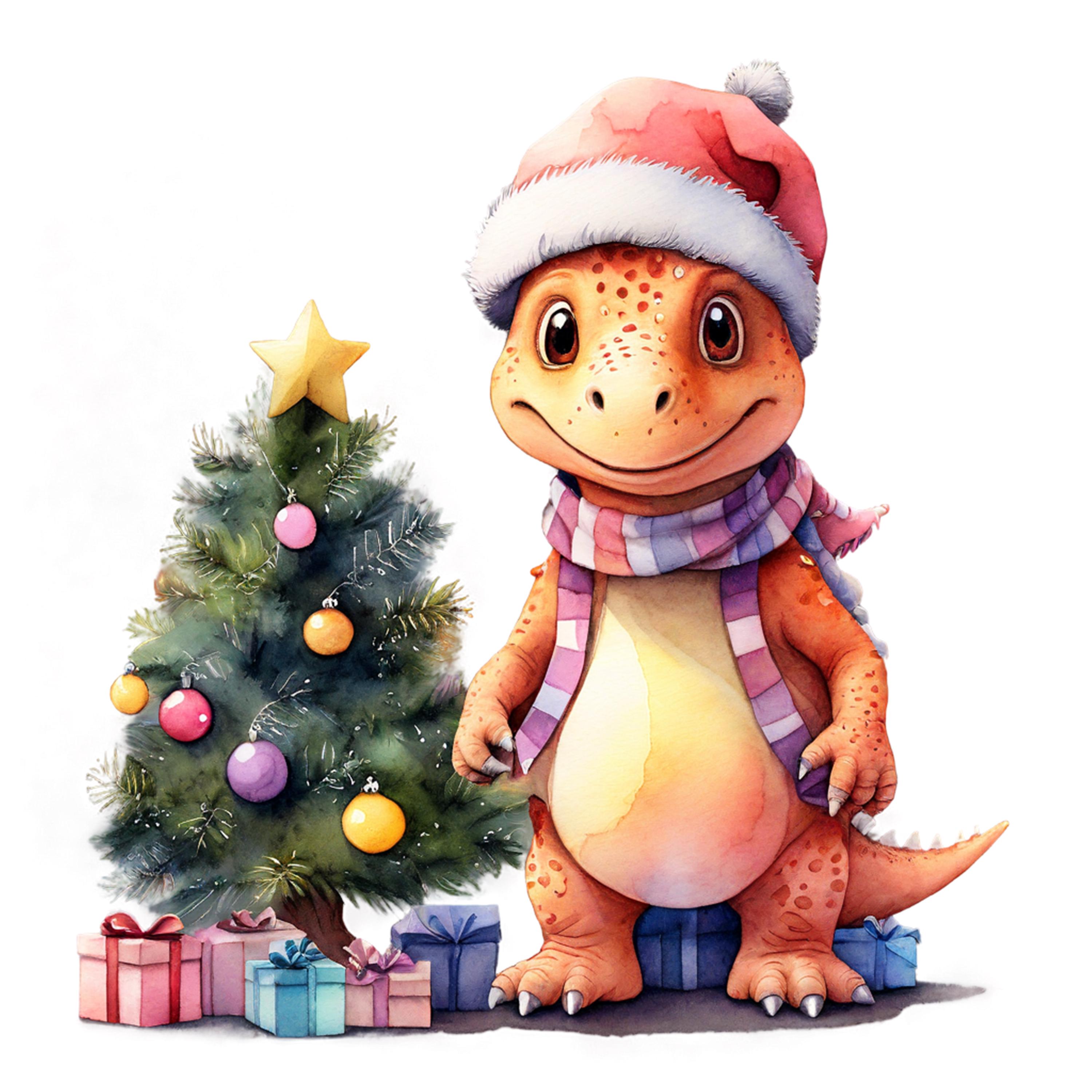 29 PNG Watercolour Cute Dinosaur by Christmas Tree, Clipart Bundle ...