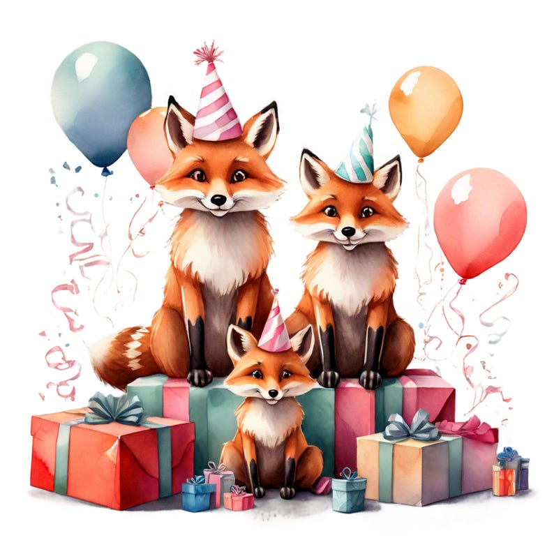 33 PNG Watercolour Cute Fun Fox Birthday Celebration Balloons Presents ...
