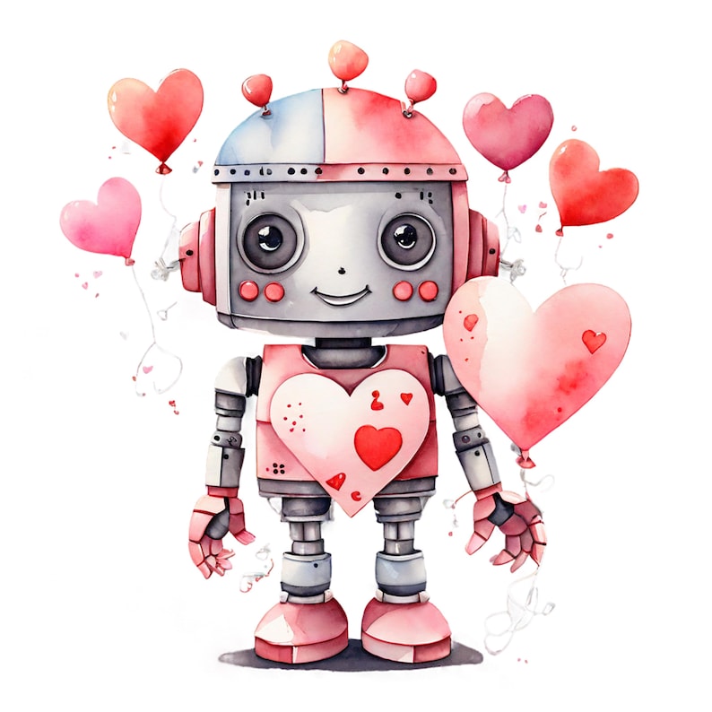 77 PNG Watercolour Cute Robot Valentines With Love Heart Balloons ...