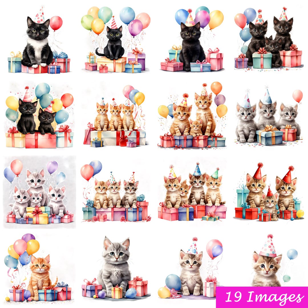 19 PNG Watercolour Colourful Cute Cat Birthday Celebration With ...