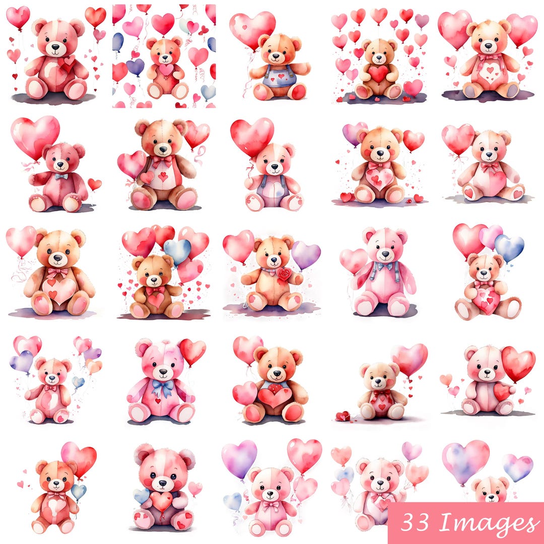 33 PNG Watercolour Teddy Bear Valentines With Love Heart Balloons ...
