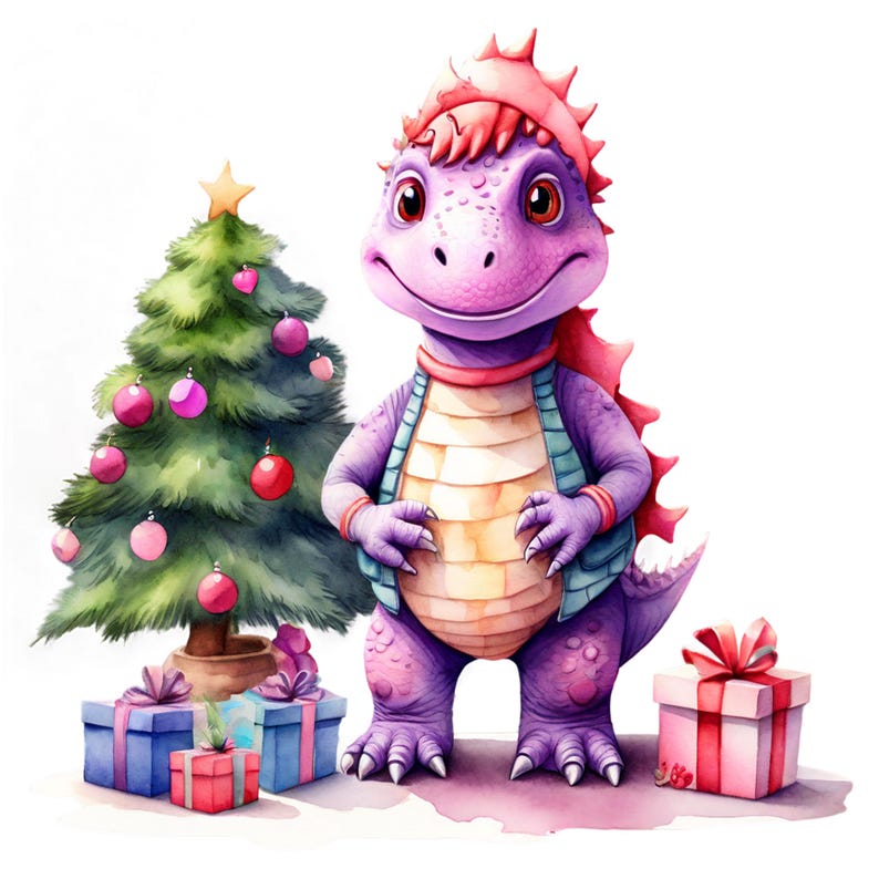 29 PNG Watercolour Cute Dinosaur by Christmas Tree, Clipart Bundle ...