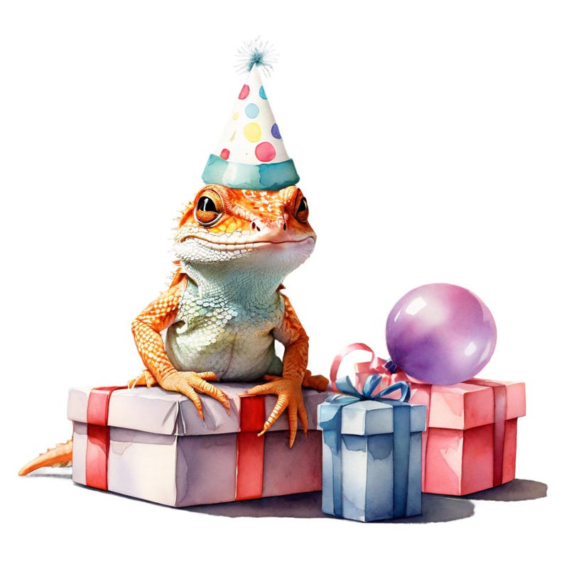 20 PNG Watercolour Cute Lizard Birthday Celebration With Balloons ...