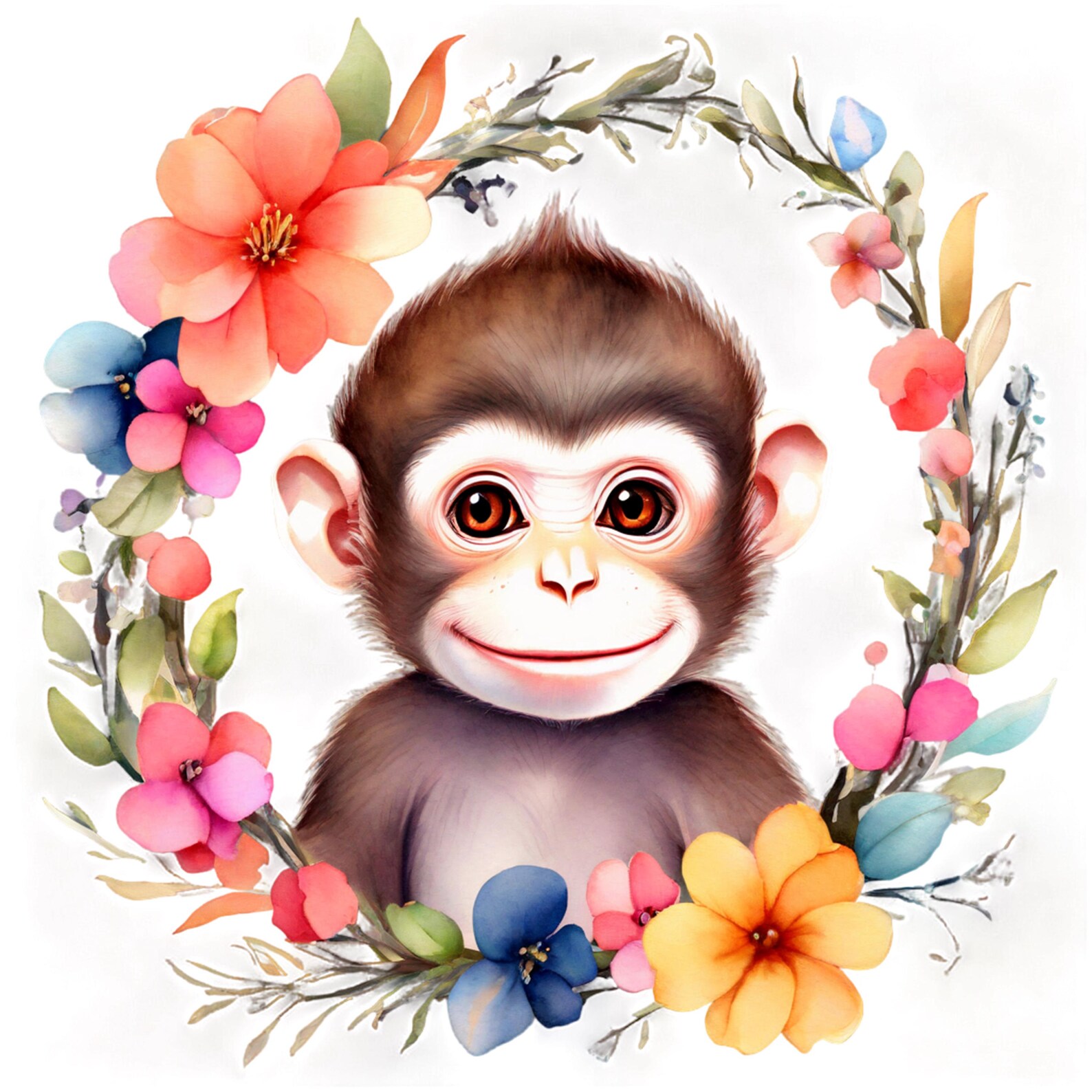 19 PNG Watercolour Monkey Flower Wreath Clipart, Animal Clipart ...