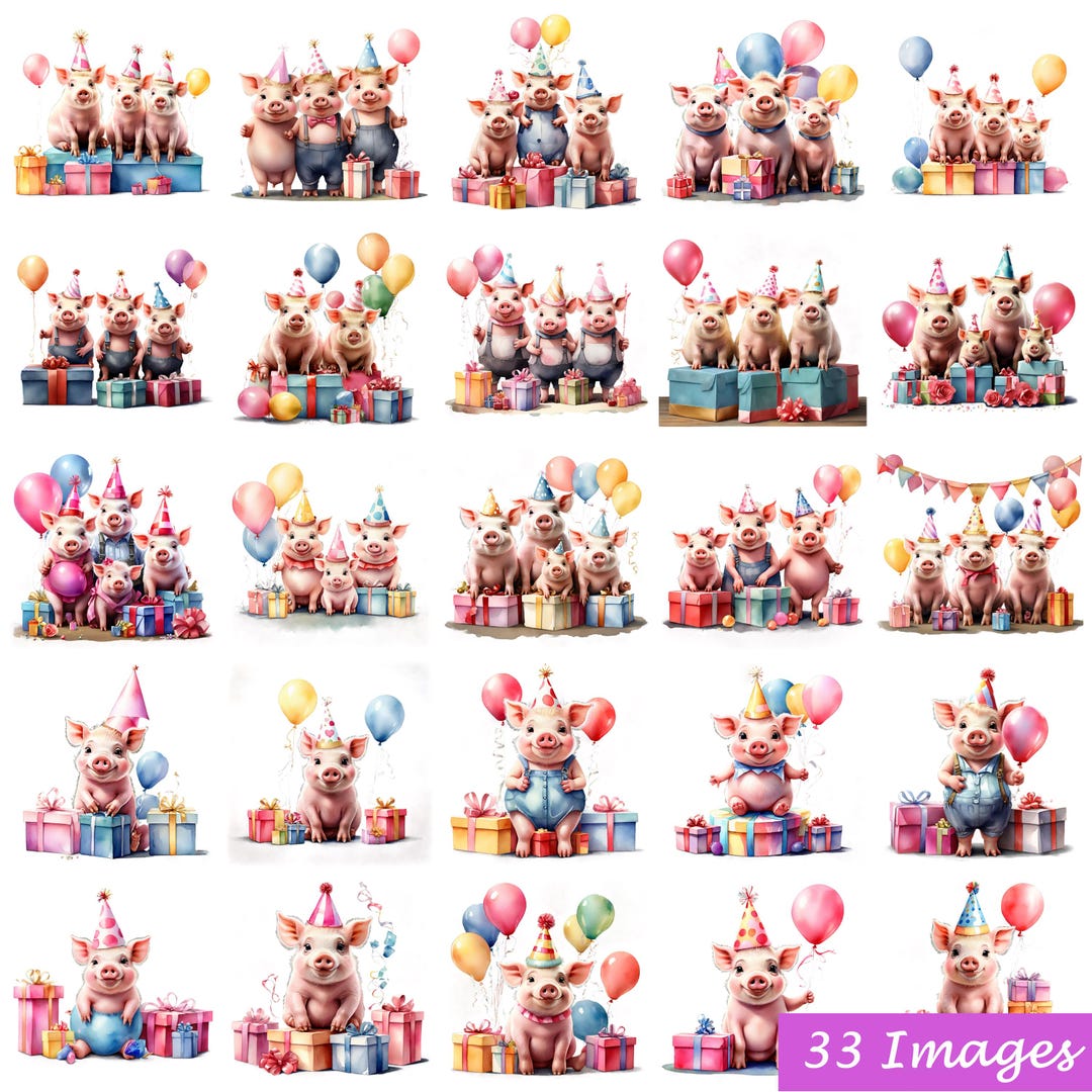 33 PNG Watercolour Cute Fun Pig Birthday Celebration Balloons Presents ...