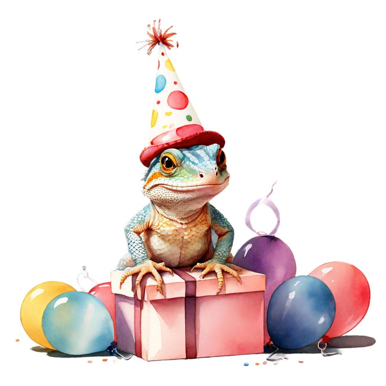 20 PNG Watercolour Cute Lizard Birthday Celebration With Balloons ...