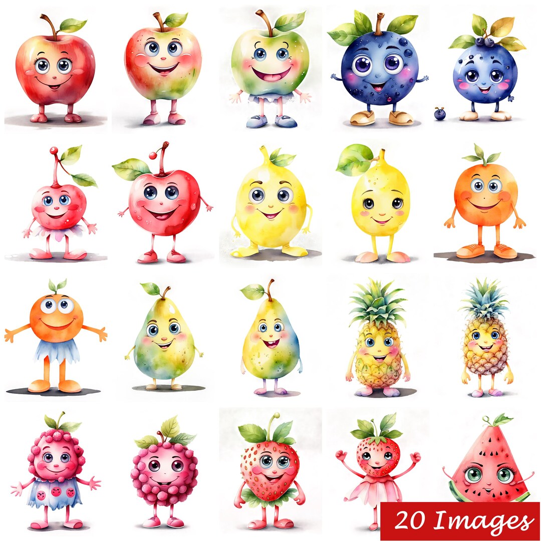 20 PNG Watercolour Cute Fun Smiley Fruit Characters, Clipart Bundle ...