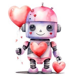 77 PNG Watercolour Cute Robot Valentines With Love Heart Balloons ...