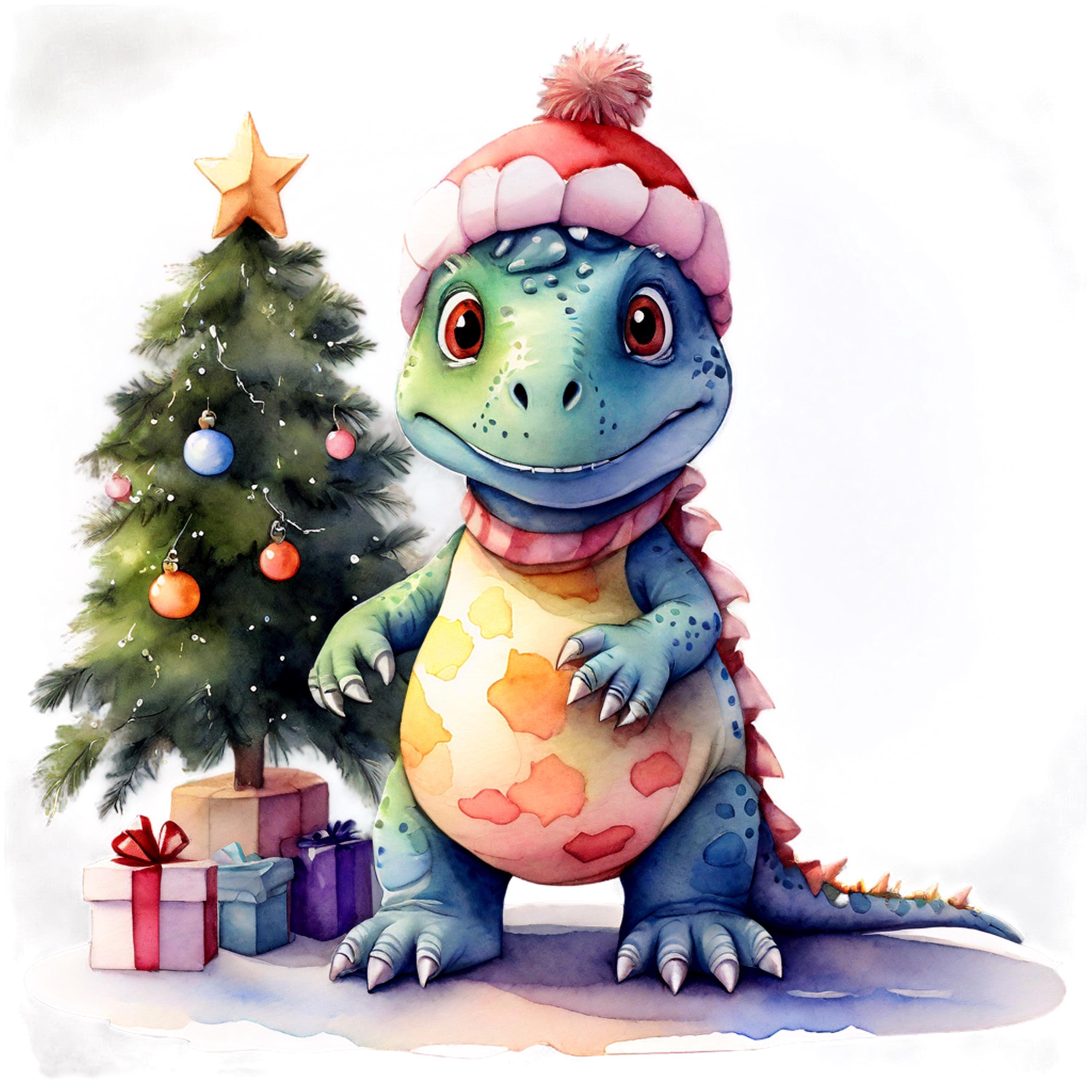29 PNG Watercolour Cute Dinosaur by Christmas Tree, Clipart Bundle ...