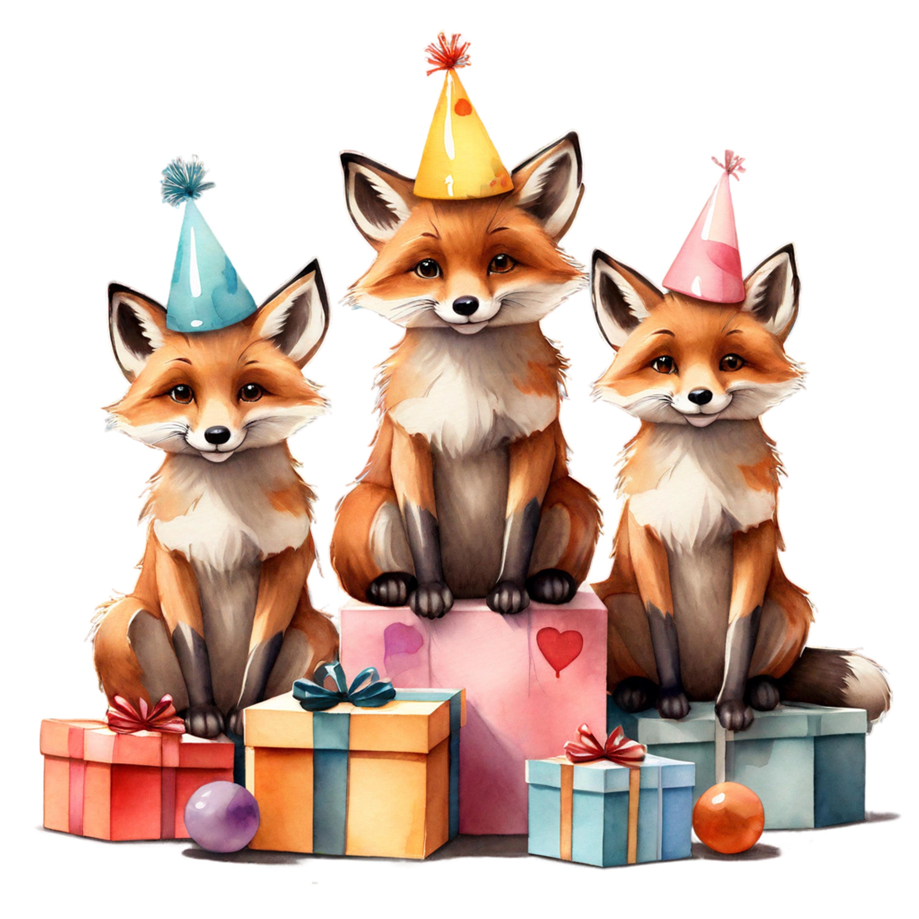 33 PNG Watercolour Cute Fun Fox Birthday Celebration Balloons Presents ...