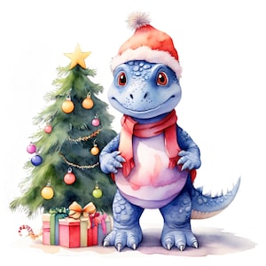 29 PNG Watercolour Cute Dinosaur by Christmas Tree, Clipart Bundle ...