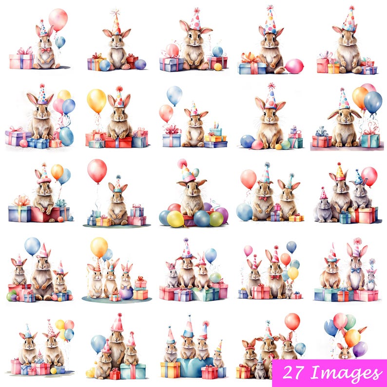 27 PNG Watercolour Cute Rabbit Bunny Birthday Celebration Balloon ...