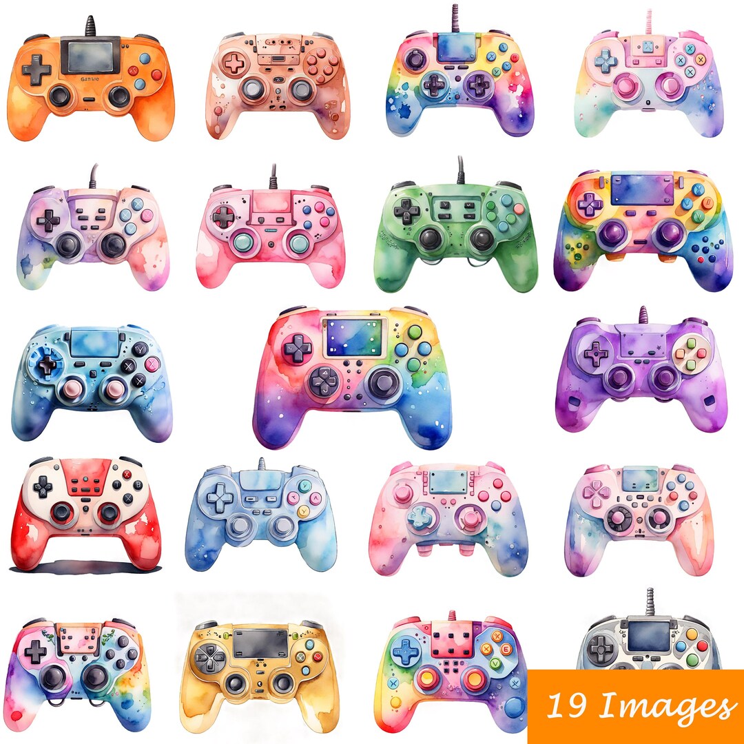 Watercolour Gaming Controllers Clipart, 19 PNG Colourful Designs for ...